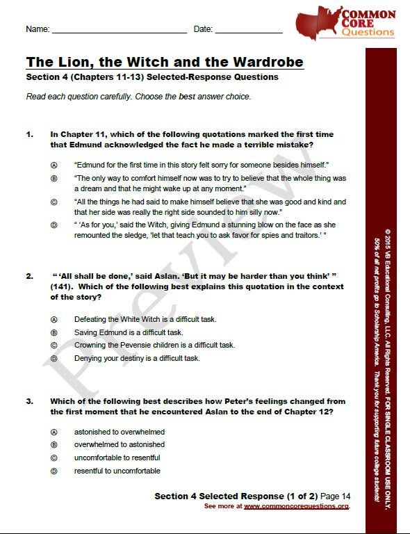 The Lion, the Witch and the Wardrobe CCQ Workbook (Reading Level T - 9 ...