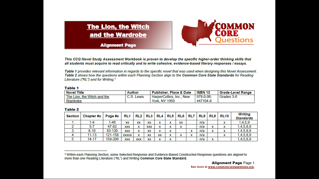 The Lion, the Witch and the Wardrobe CCQ Workbook (Reading Level T - 9 ...